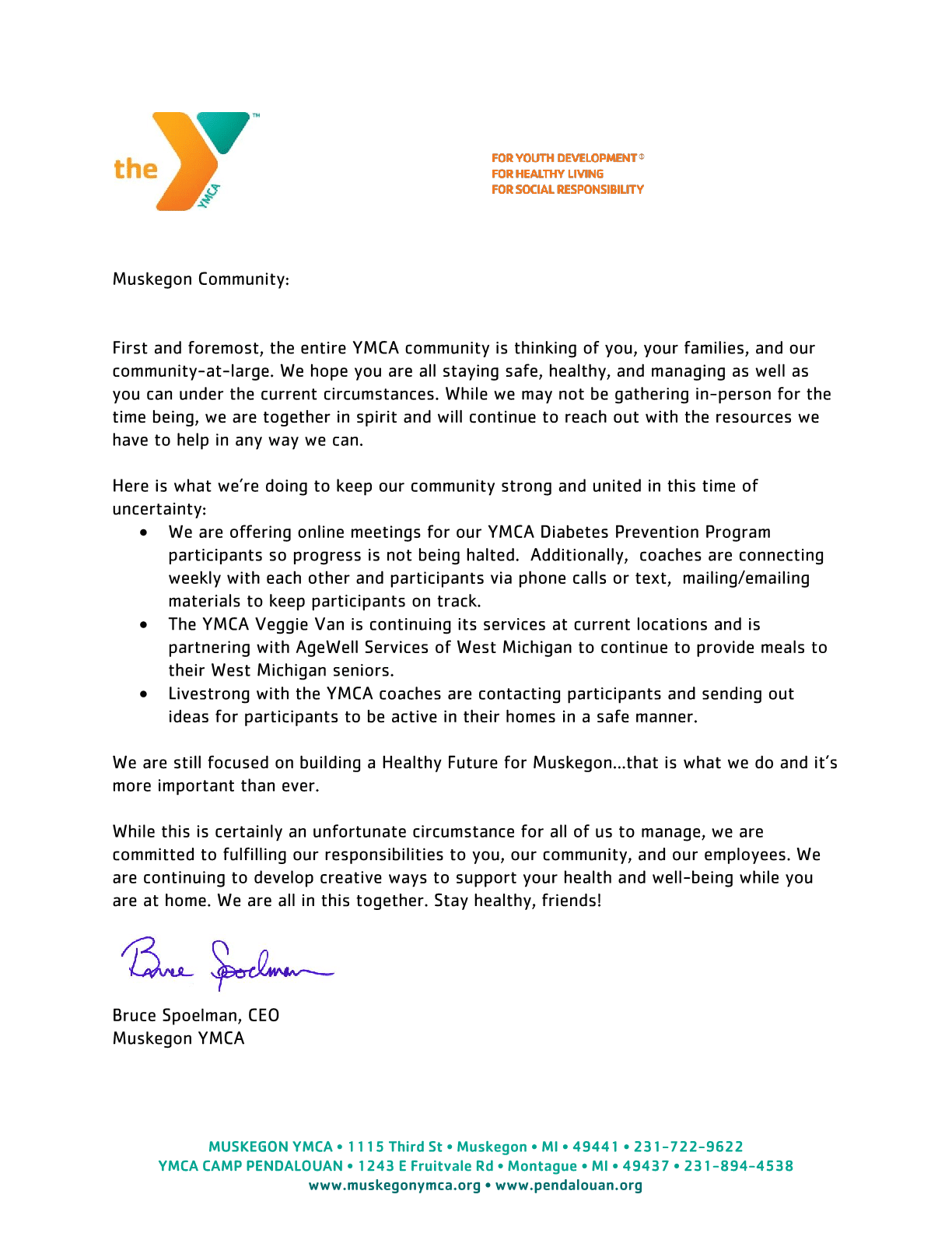 Letter from Our CEO - Muskegon YMCA